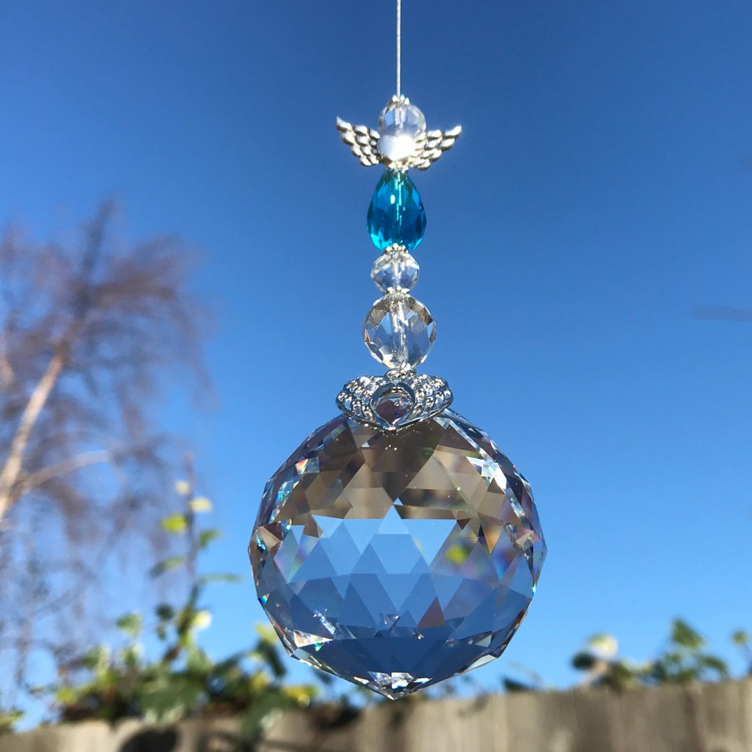 Turquoise Blue Guardian Angel Glass Sphere Sun Catcher Angel Wing Charm ...
