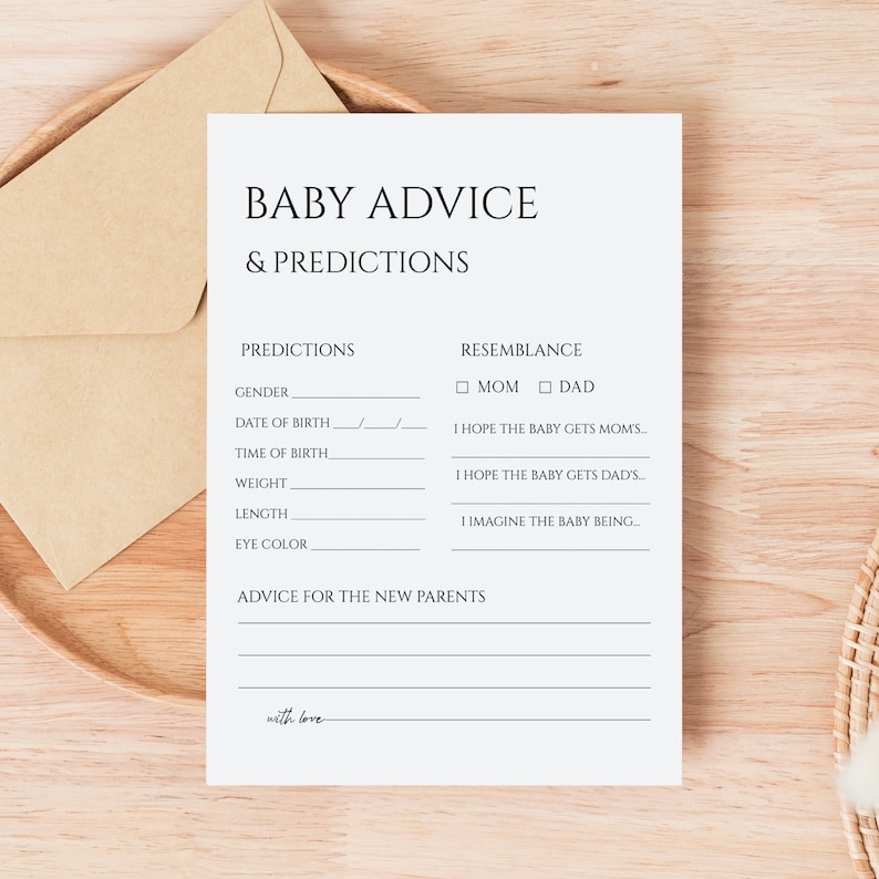 Baby Predictions & Advice Card, Printable Minimalist Baby Shower Game ...