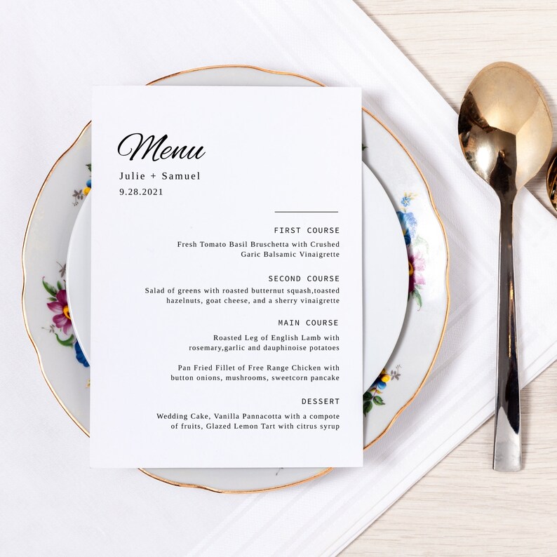 Wedding Menu Template, Wedding Table Menu Printable, Templett, Fully ...
