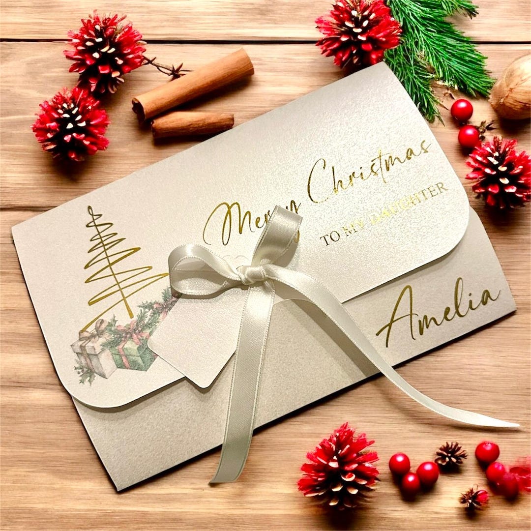 Personalised Christmas Money Wallet: Foil Lettering & Ribbon Bow - Etsy