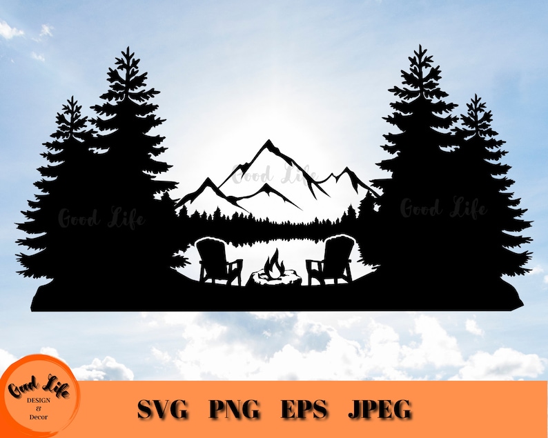 Lake Mountains Adirondack Chairs Outdoors Scene SVG, Mountain Lake and ...