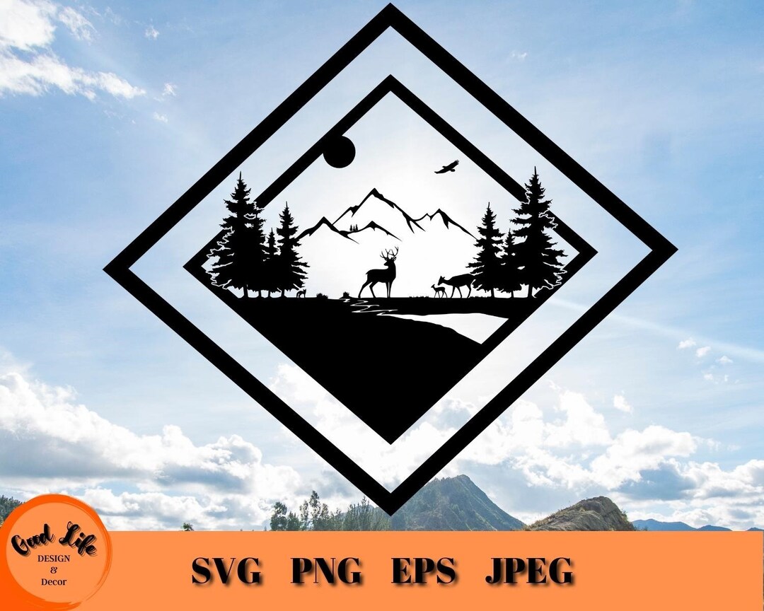 Deer Family Mountain Scene Framed, Deer and Mountains Scene SVG ...
