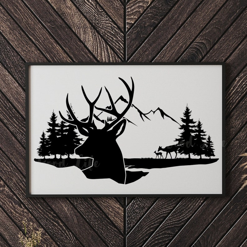 Deer SVG Mountains Scene SVG Buck Outdoors Scene Wall Art - Etsy