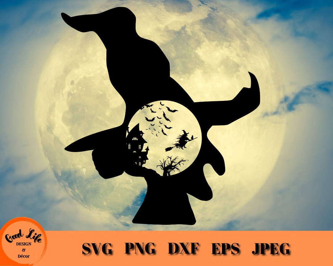 Silueta de bruja SVG, Bruja en vuelo SVG, Escena de la casa encantada ...