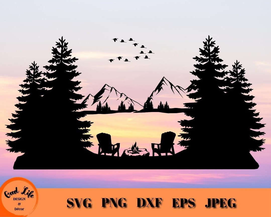 Adirondack Chairs Mountain Lake SVG, Geese in Flight, Mountains Forest ...