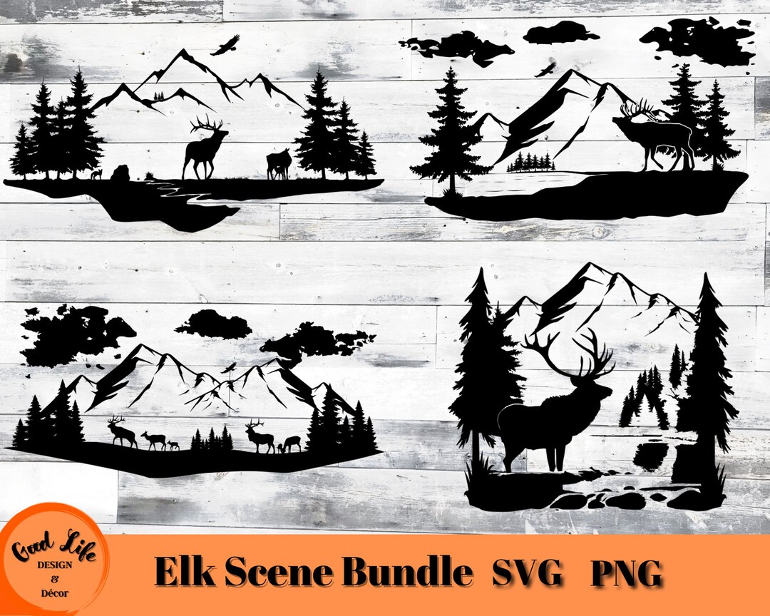 Elk Scene SVG Bundle, Mountains and Elk Family Landscape, Elk Silhouette SVG, Outdoor Wildlife ...