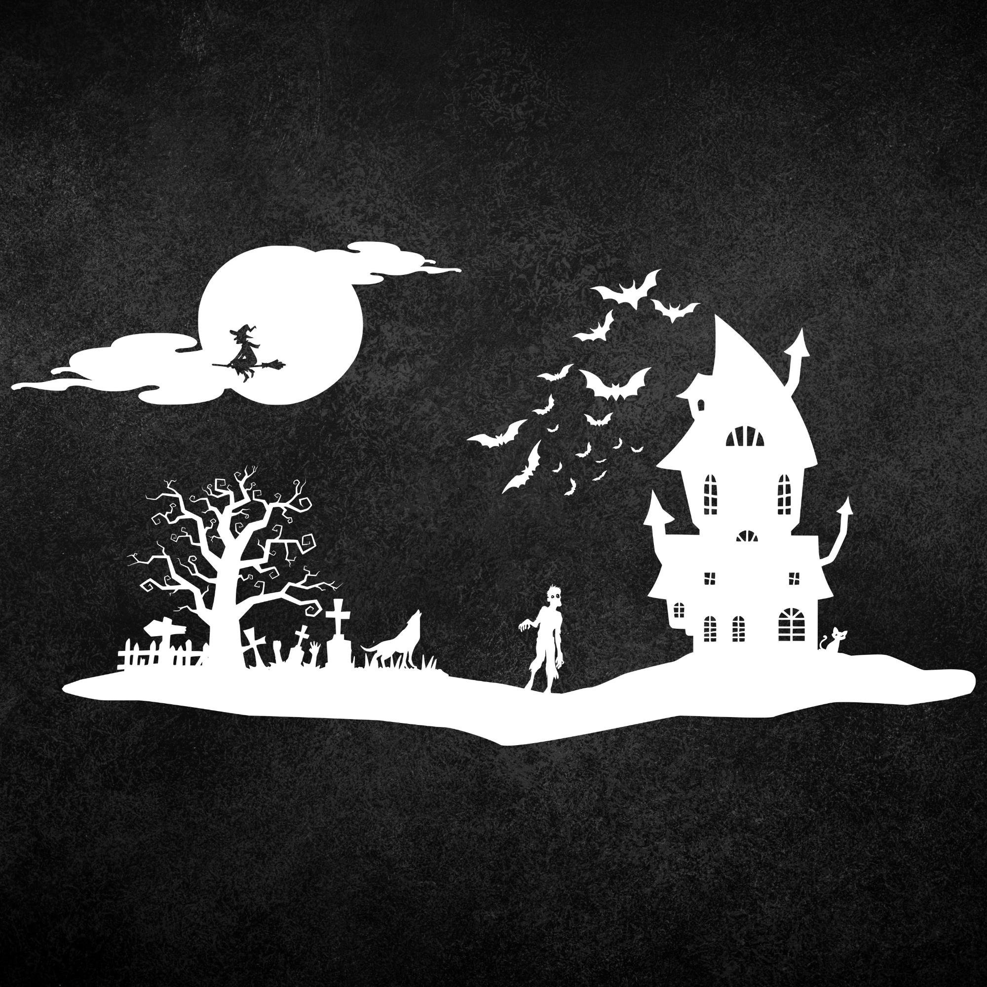 Haunted Landscape Halloween Scene SVG, Walking Zombie and Witch in ...