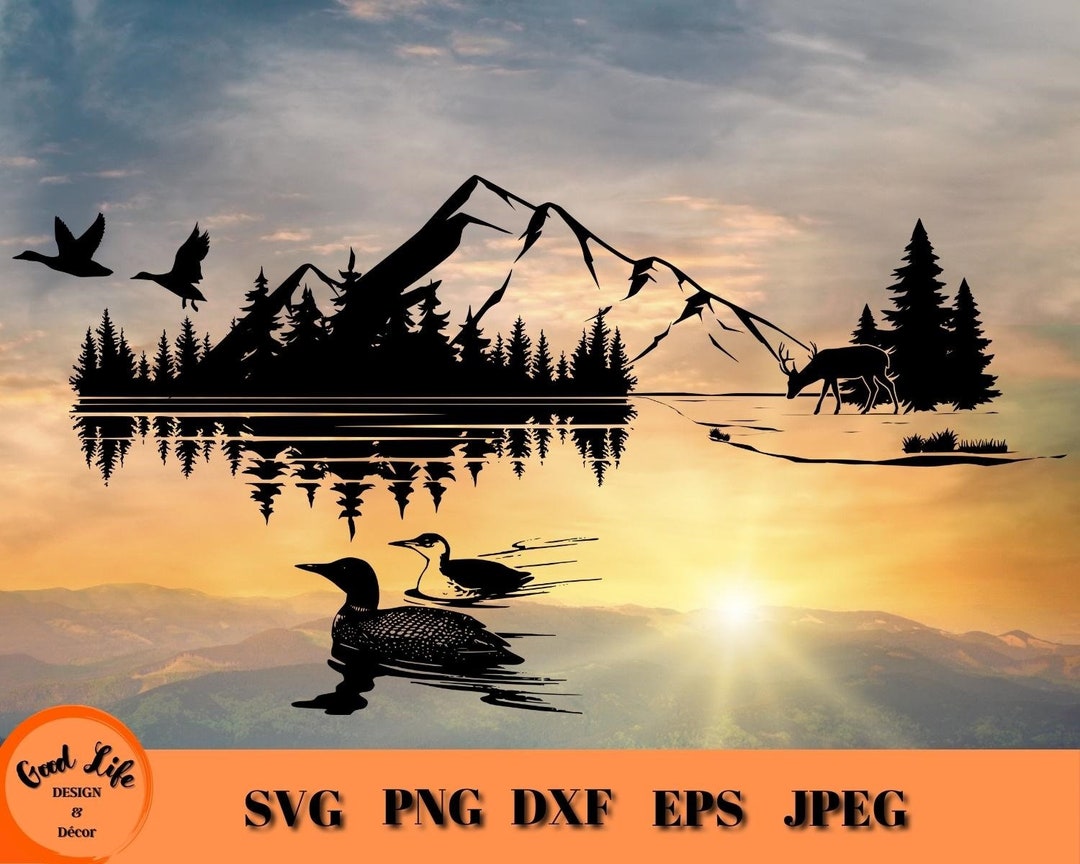 Outdoors Mountain Lake Scene SVG, Loons Ducks and Deer Scene, Wildlife ...