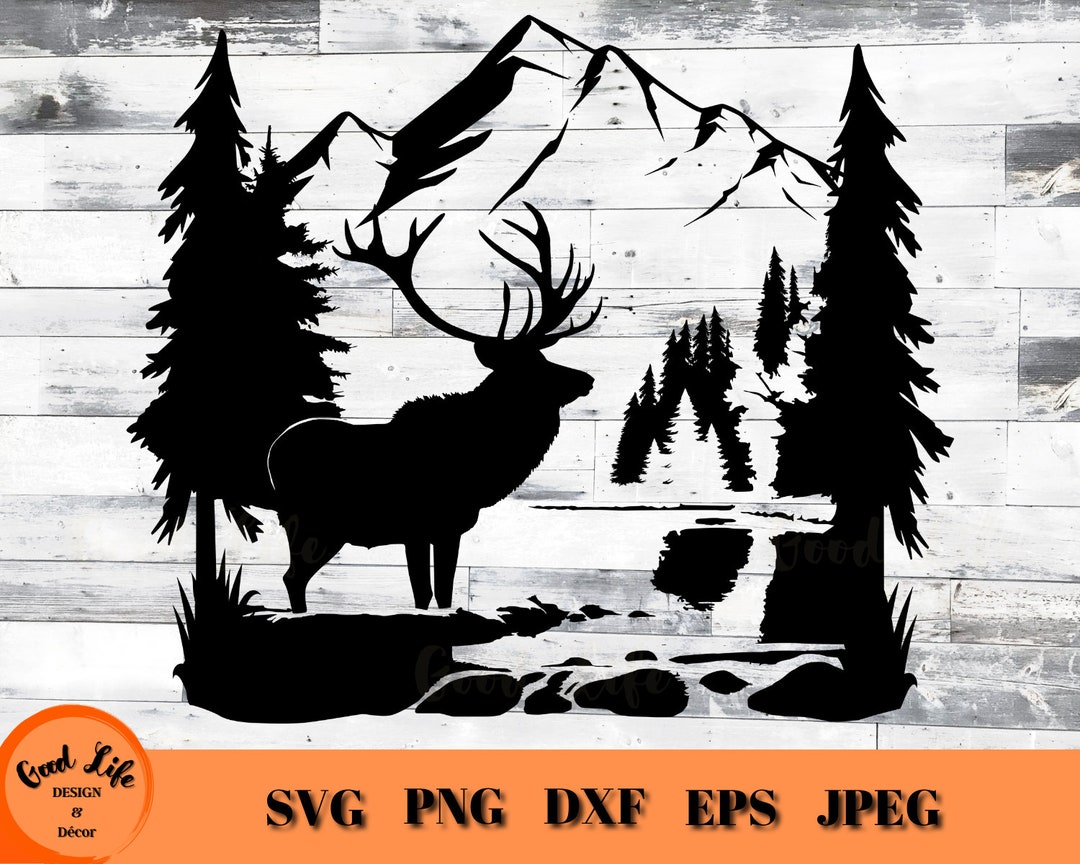 Elk Mountain River Scene SVG, Forest River Scene, Wildlife Mountains Landscape, Elk Silhouette ...
