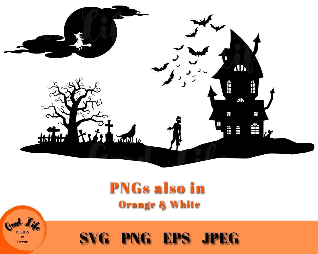 Haunted Landscape Halloween Scene SVG, Walking Zombie and Witch in ...