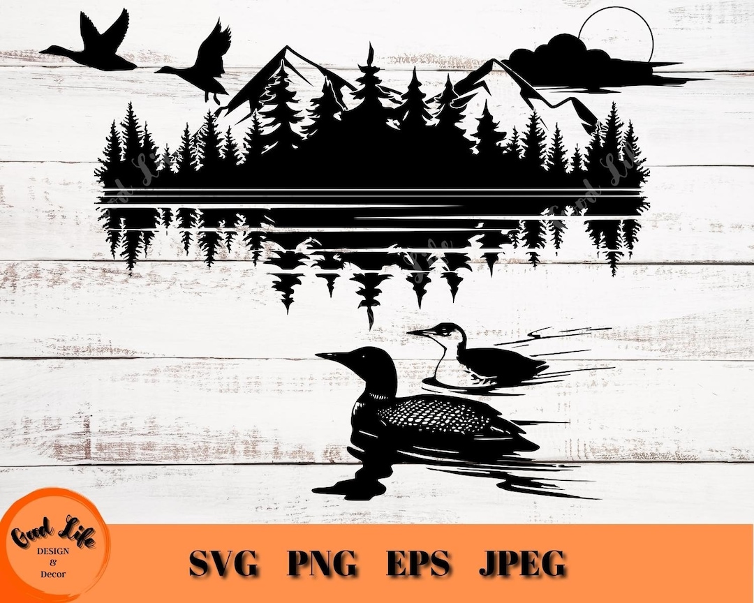 Outdoors Mountain Lake Scene SVG, Loons and Ducks Scene, Wildlife ...