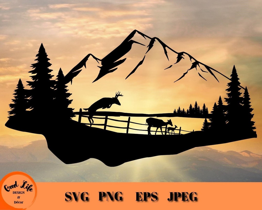 Jumping Buck Deer and Mountain Wildlife Scene SVG Deer - Etsy
