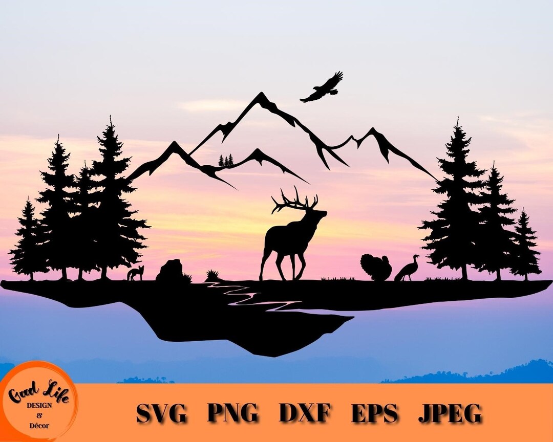 Elk and Majestic Mountain Wildlife Scene SVG, Outdoors Turkey and Fox ...