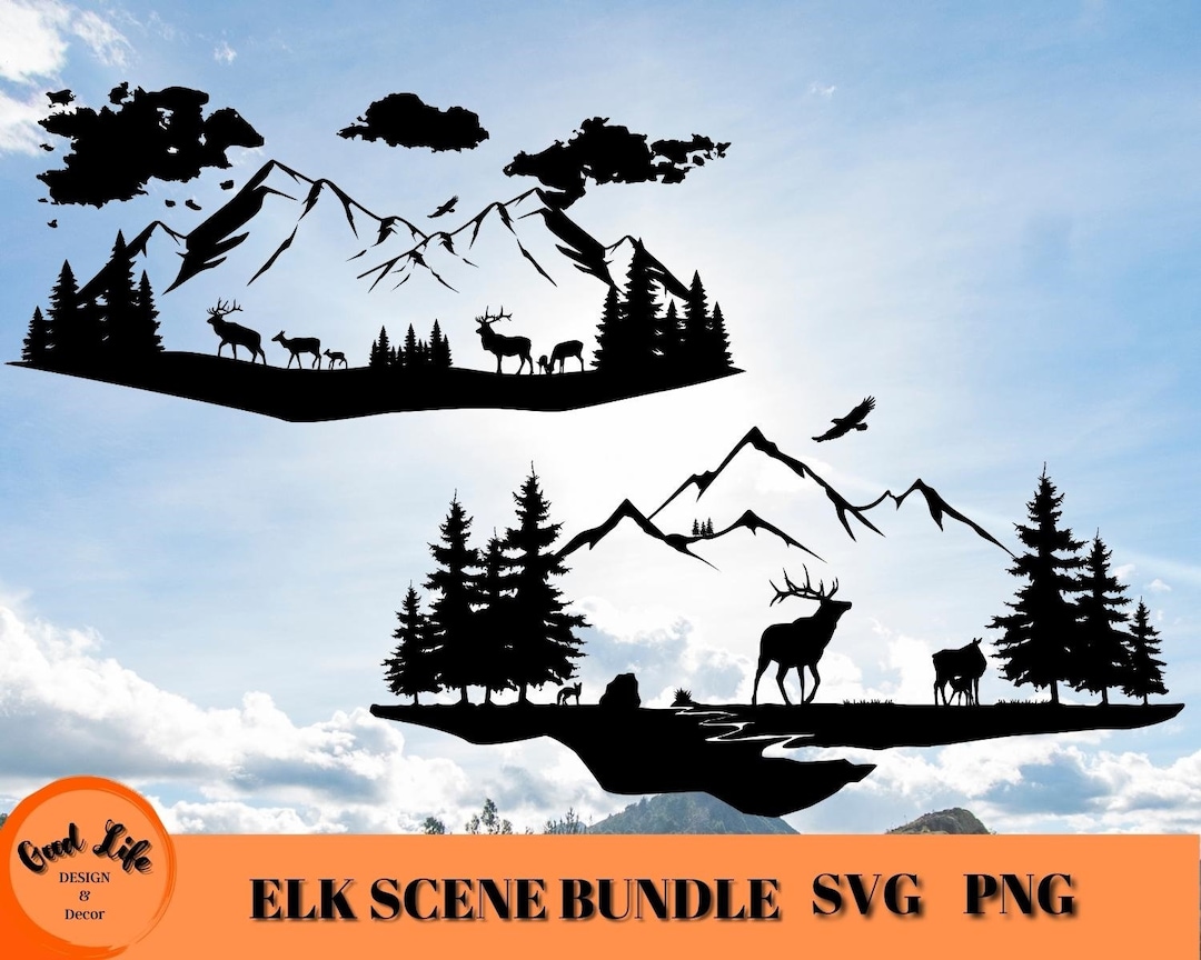 Elk Outdoors Scene SVG Bundle, Wildlife Scene SVG, Elk and Mountains ...