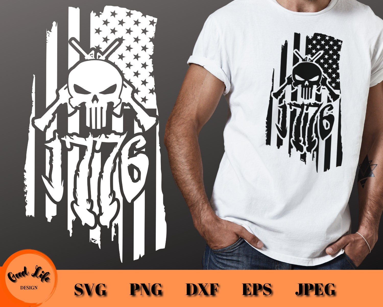 1776 SVG With Punisher Skull and Distress American Flag - Etsy