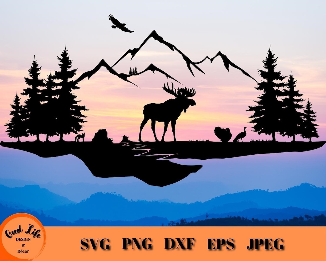 Moose and Majestic Mountains Scene SVG, Wildlife Outdoors Landscape SVG ...