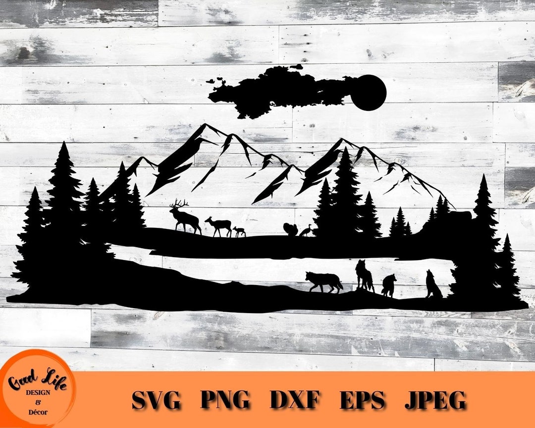 Mountain River Wildlife Scene SVG, Elk SVG, Wolf Pack SVG, Turkey ...