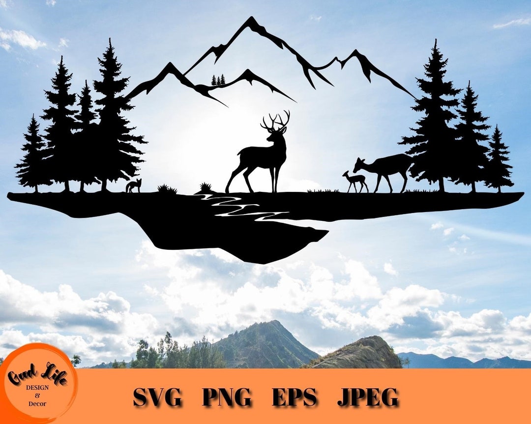 Deer and Mountains Scene SVG, Outdoors Scene Wall Art, Majestic Deer ...