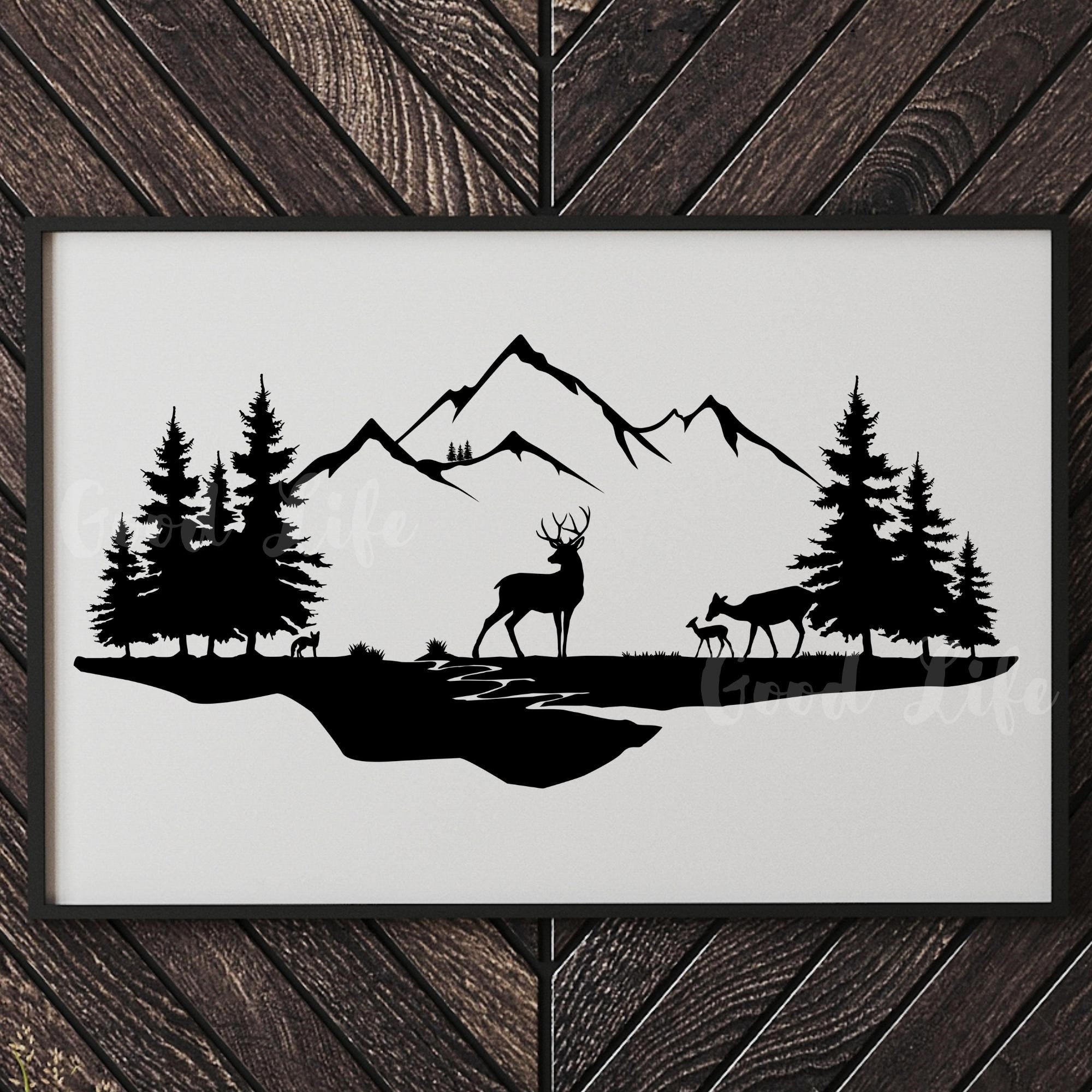 Deer and Mountains Scene SVG Outdoors Scene Wall Art - Etsy