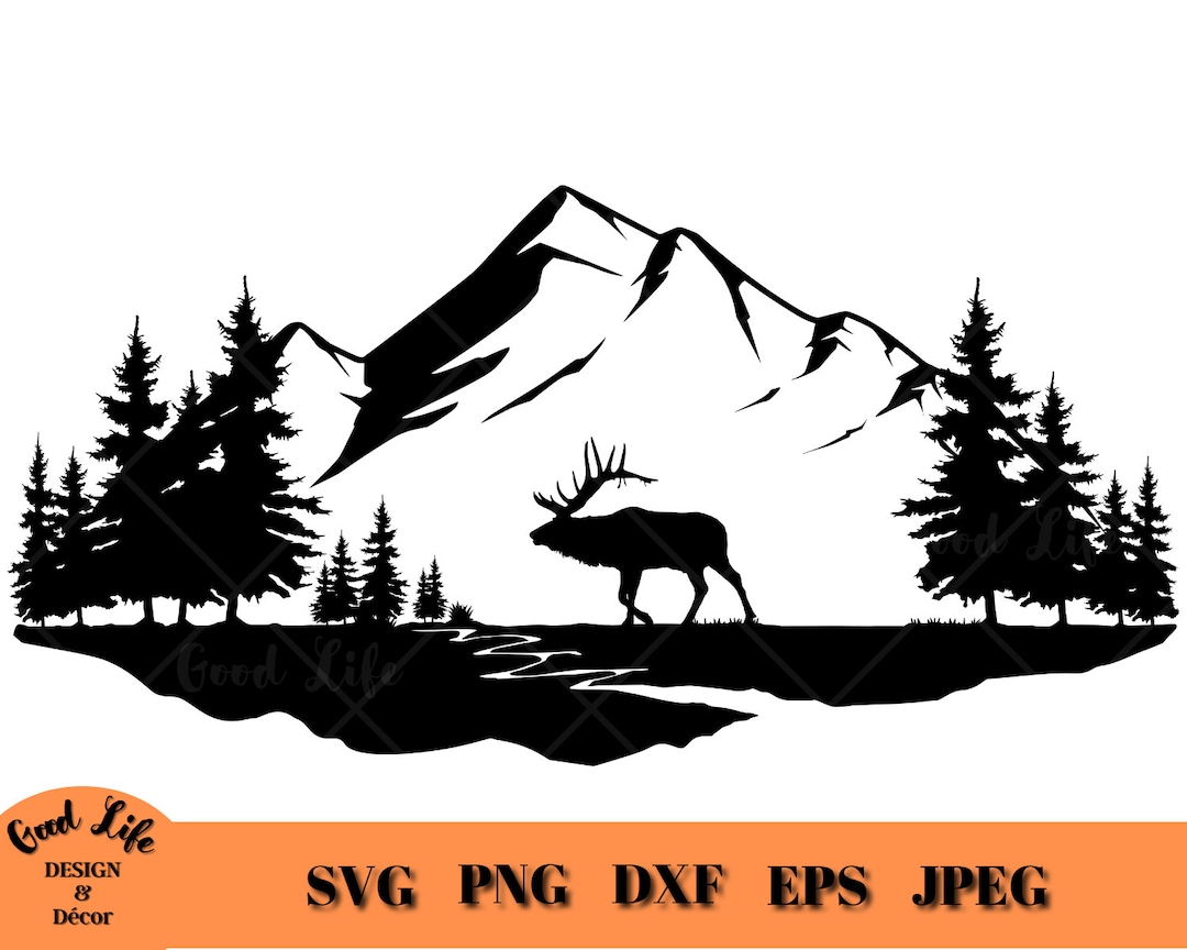 Lone Elk Mountain Scene SVG, Moutain Forest Scene PNG, Mountain Stream ...