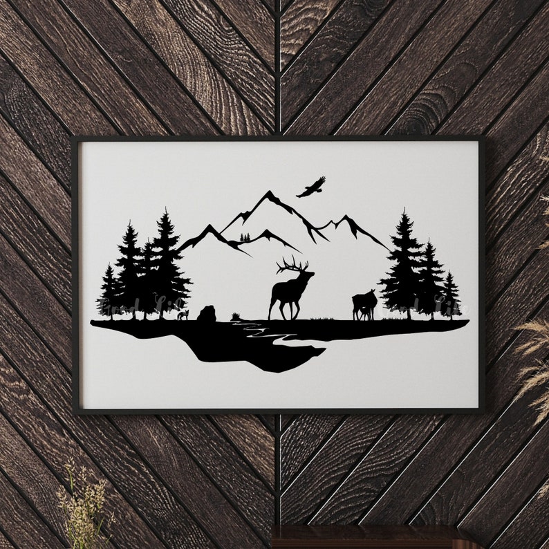 Elk and Majestic Mountain Scene SVG Outdoors Wildlife SVG - Etsy