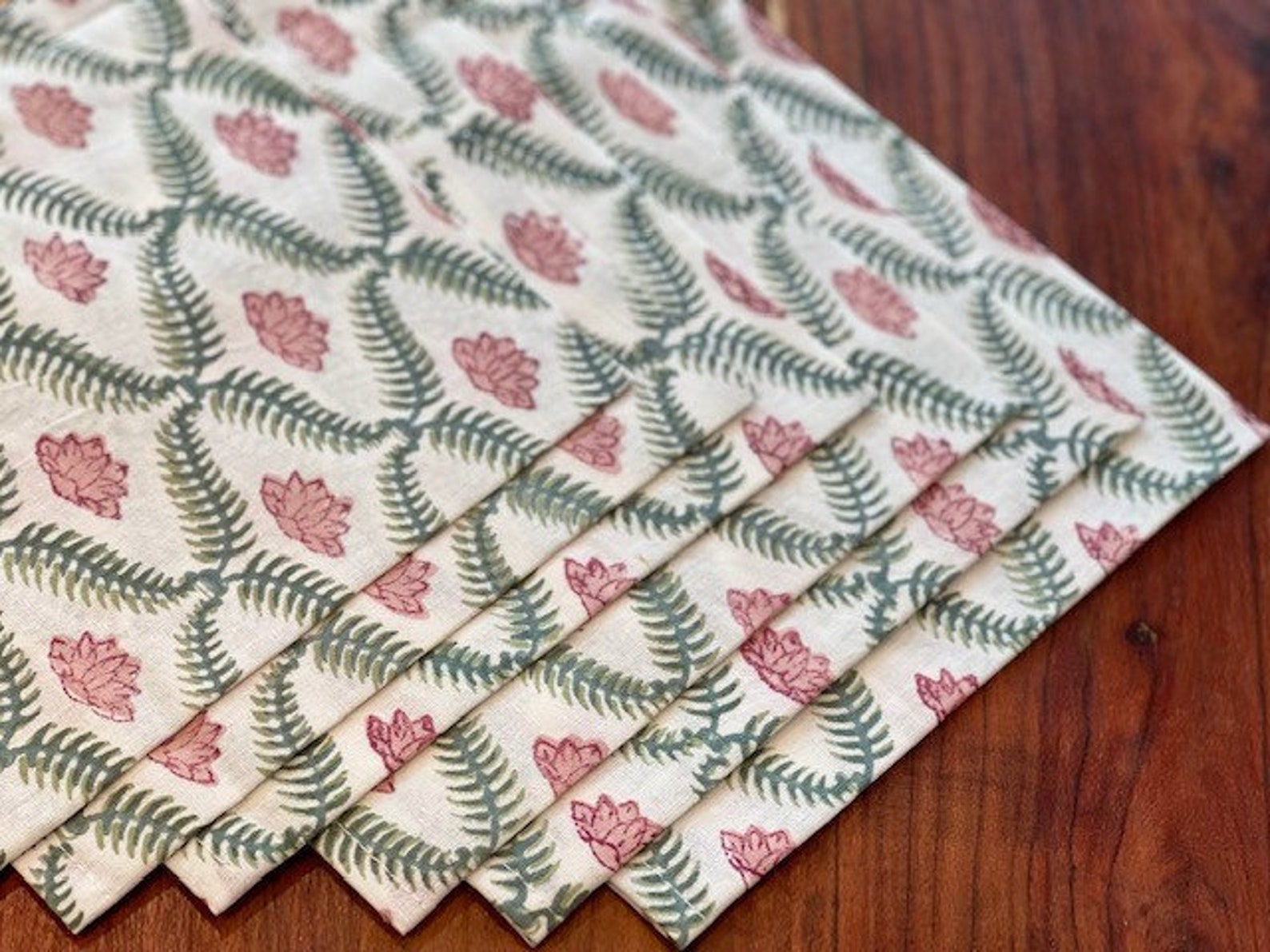 Set of 4 Hand Block Print Cotton Table Napkin, Pink Lotus Floral ...