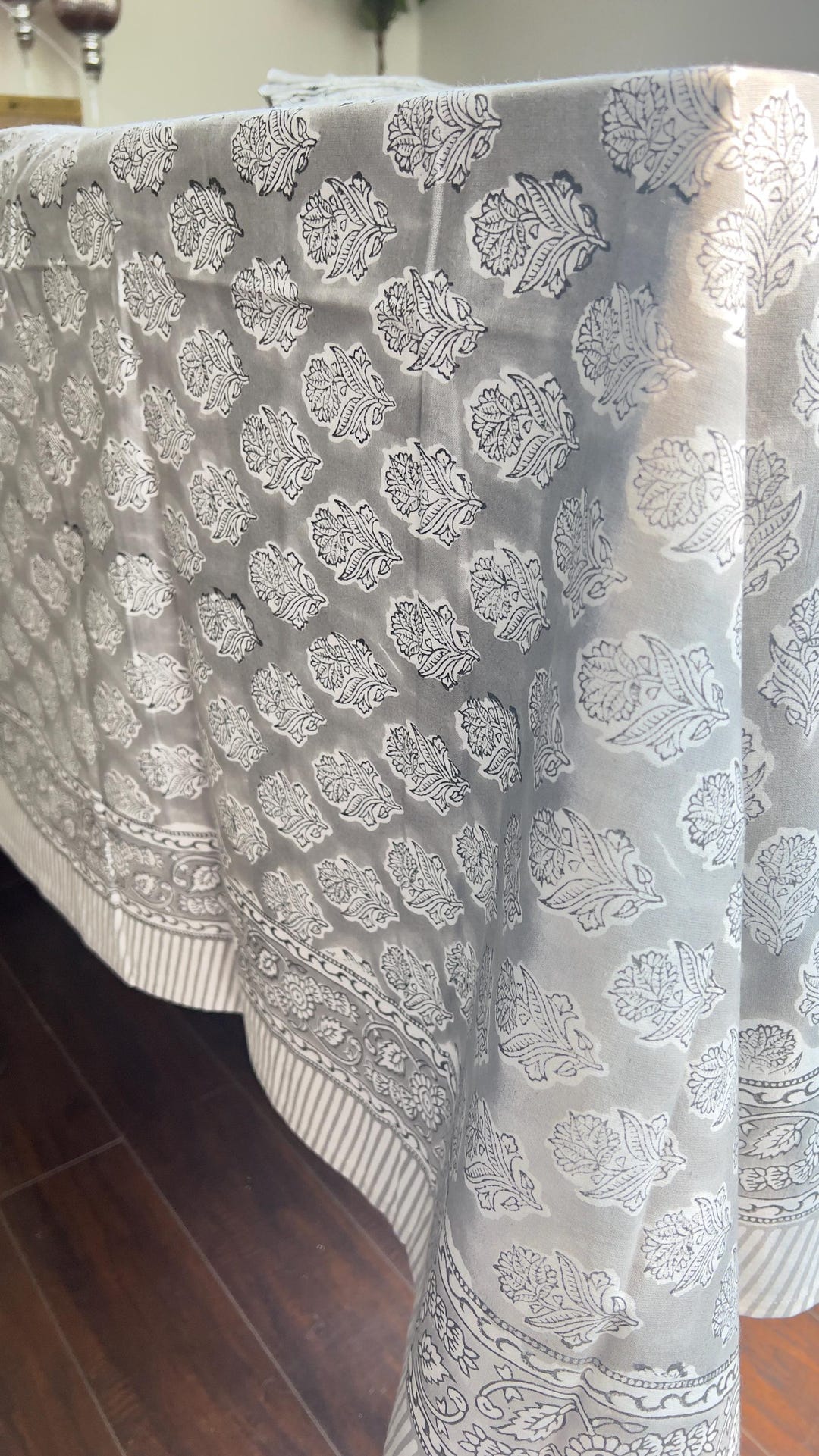 Block Print White and Gray Table Cover, Vintage Print Table Cloth 6/8 ...