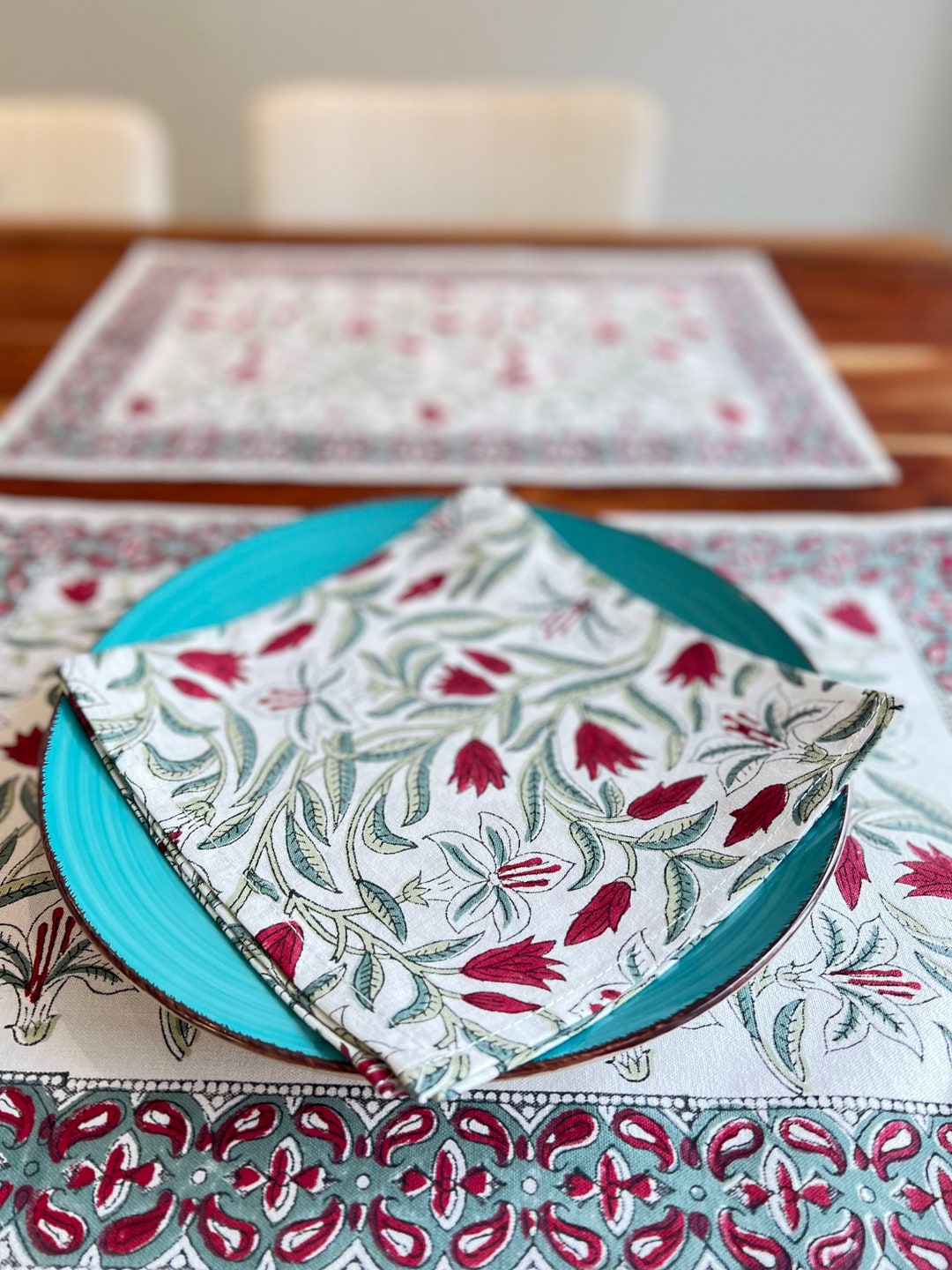 Floral Block Print Table Napkin in Set of 4, Cotton Table Napkins in ...