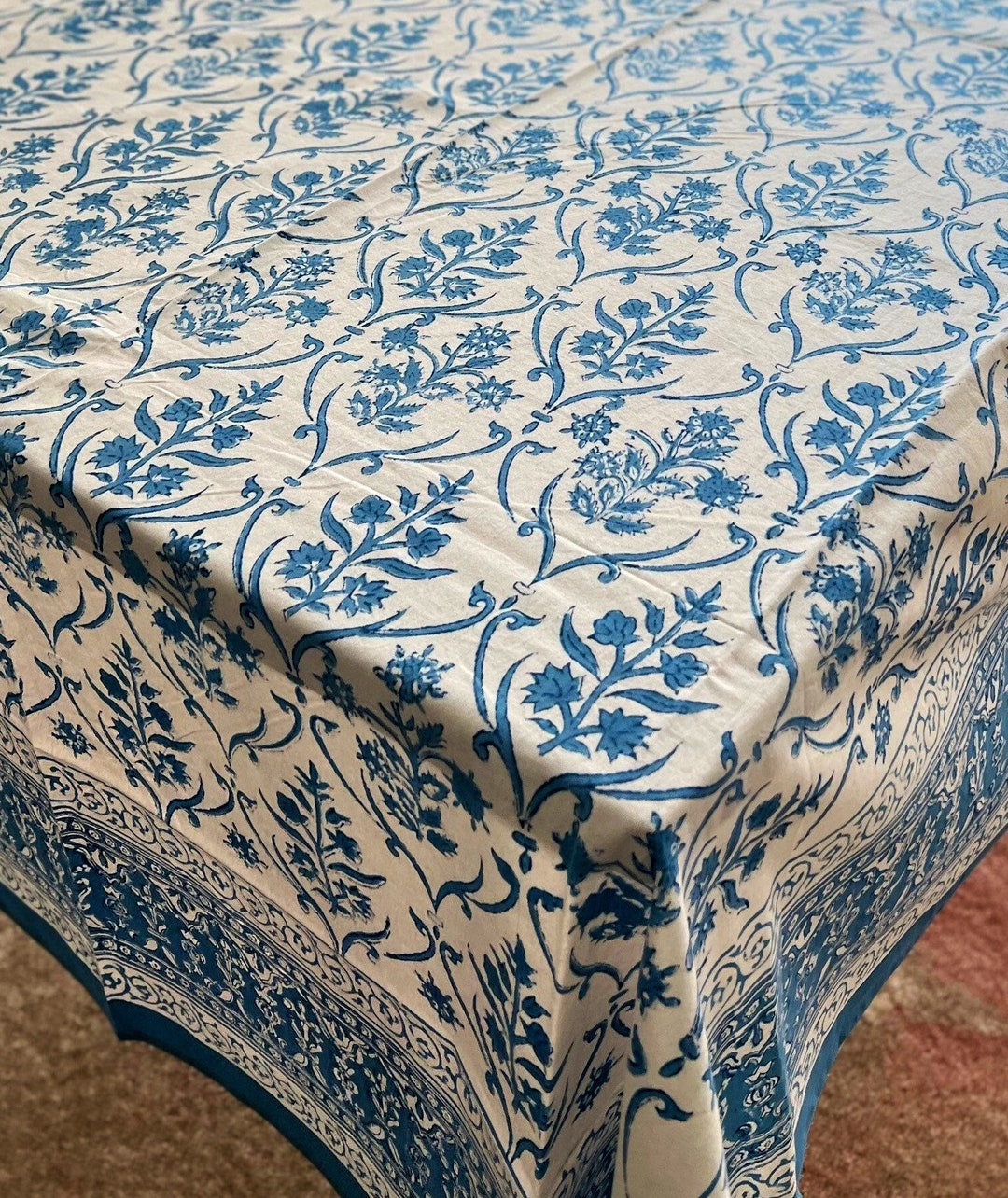 Block Print Table Cover, Rectangle Table Cover, Blue Cotton Table Linen ...