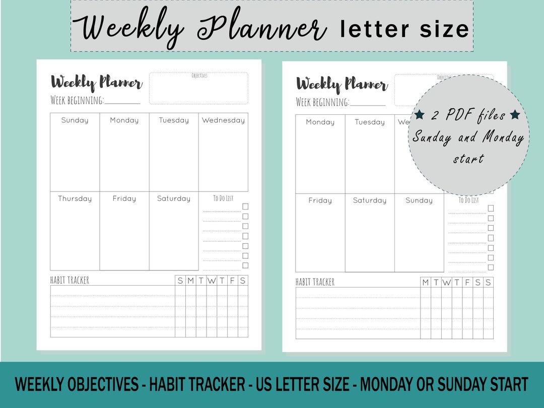 Weekly Planner US Letter Size, Digital Weekly Planner or Printable ...