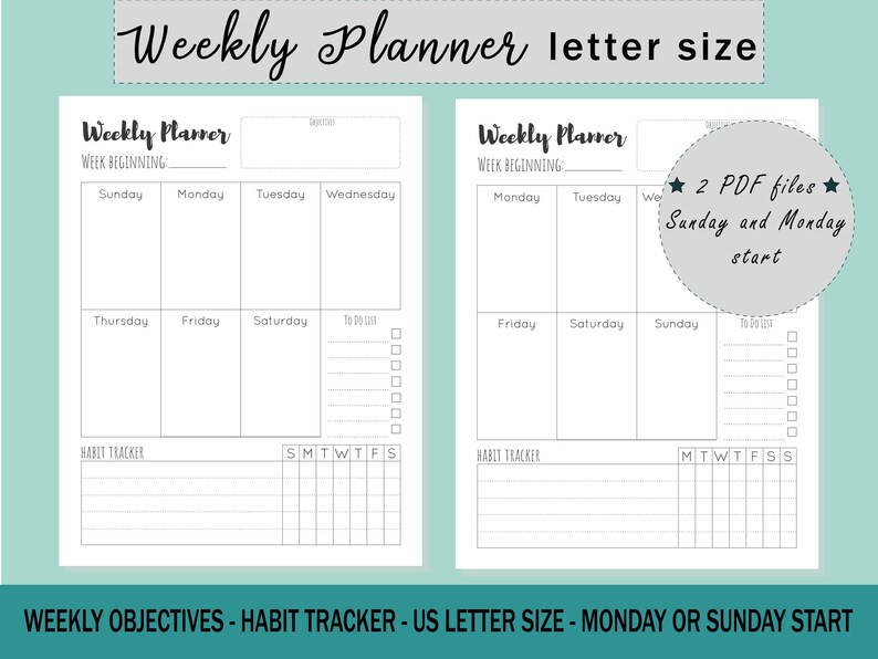 Weekly Planner US Letter Size, Digital Weekly Planner or Printable ...