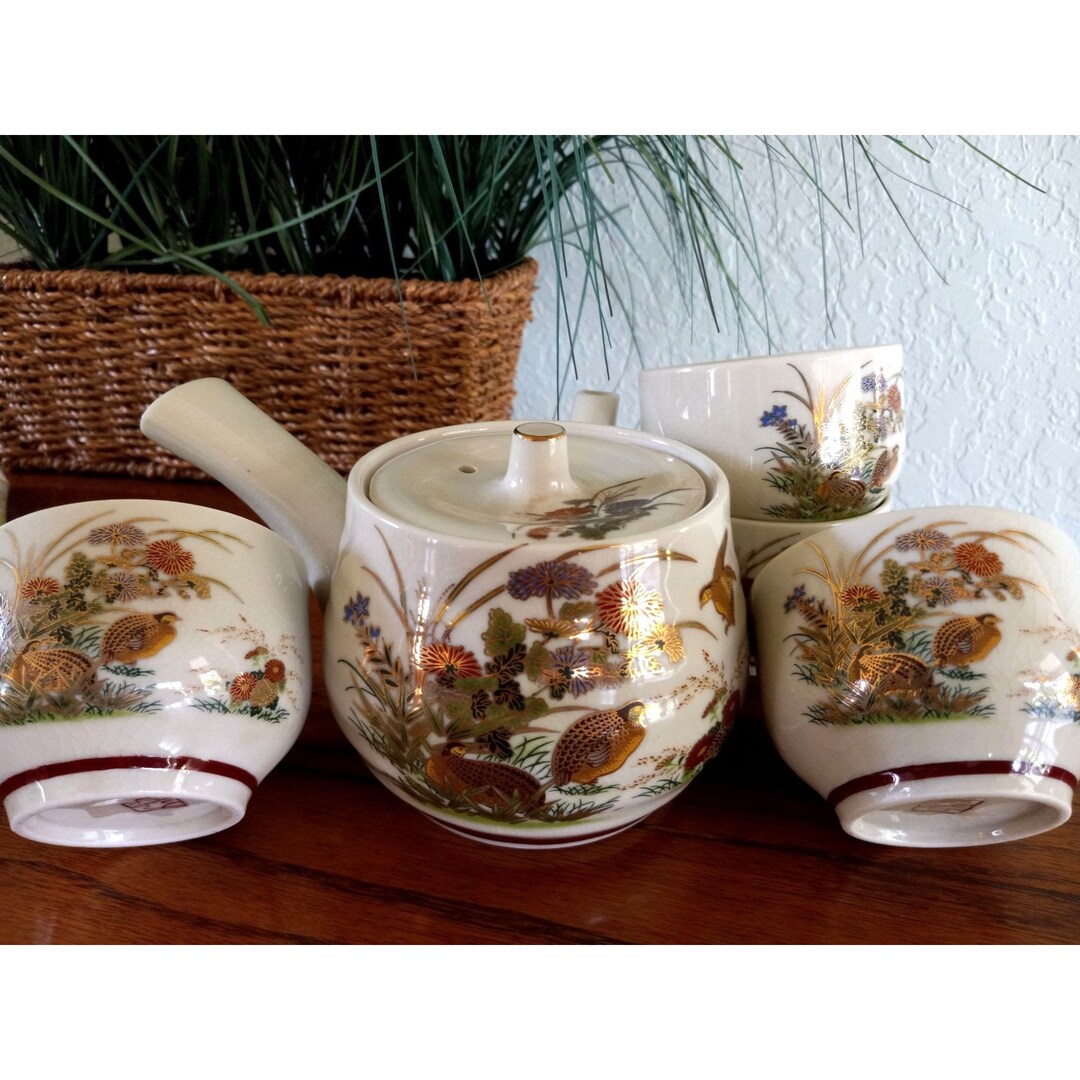 Japanese Metallic Gold Side Pour Teapot Set With 4 Cups, Quail Floral ...