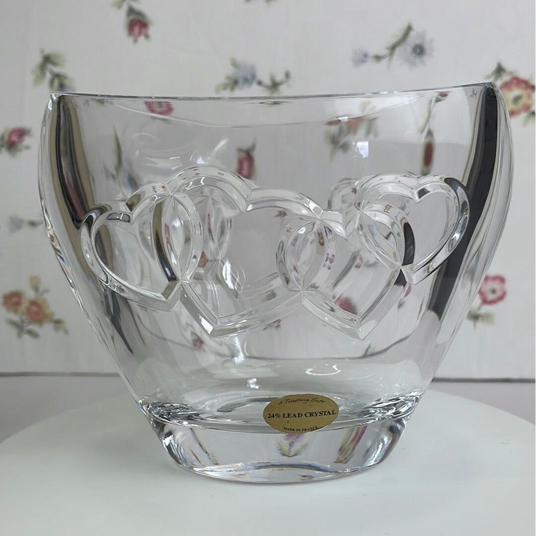 Vintage Teleflora Lead Crystal Bowl Vase With Engraved Hearts, Romantic ...