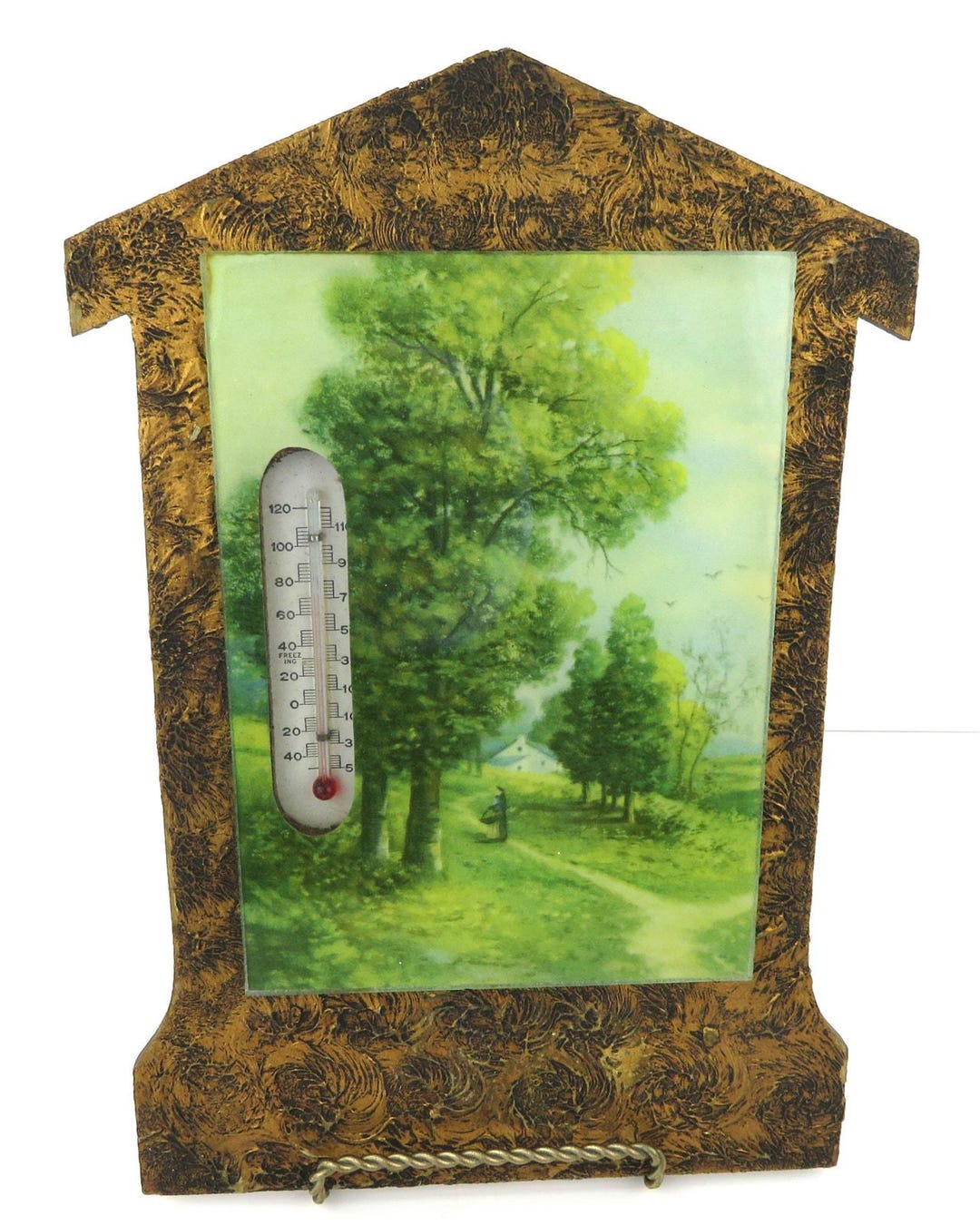 Vintage Scenic Wall Thermometer in Gold Wood Frame, 11" Rustic ...