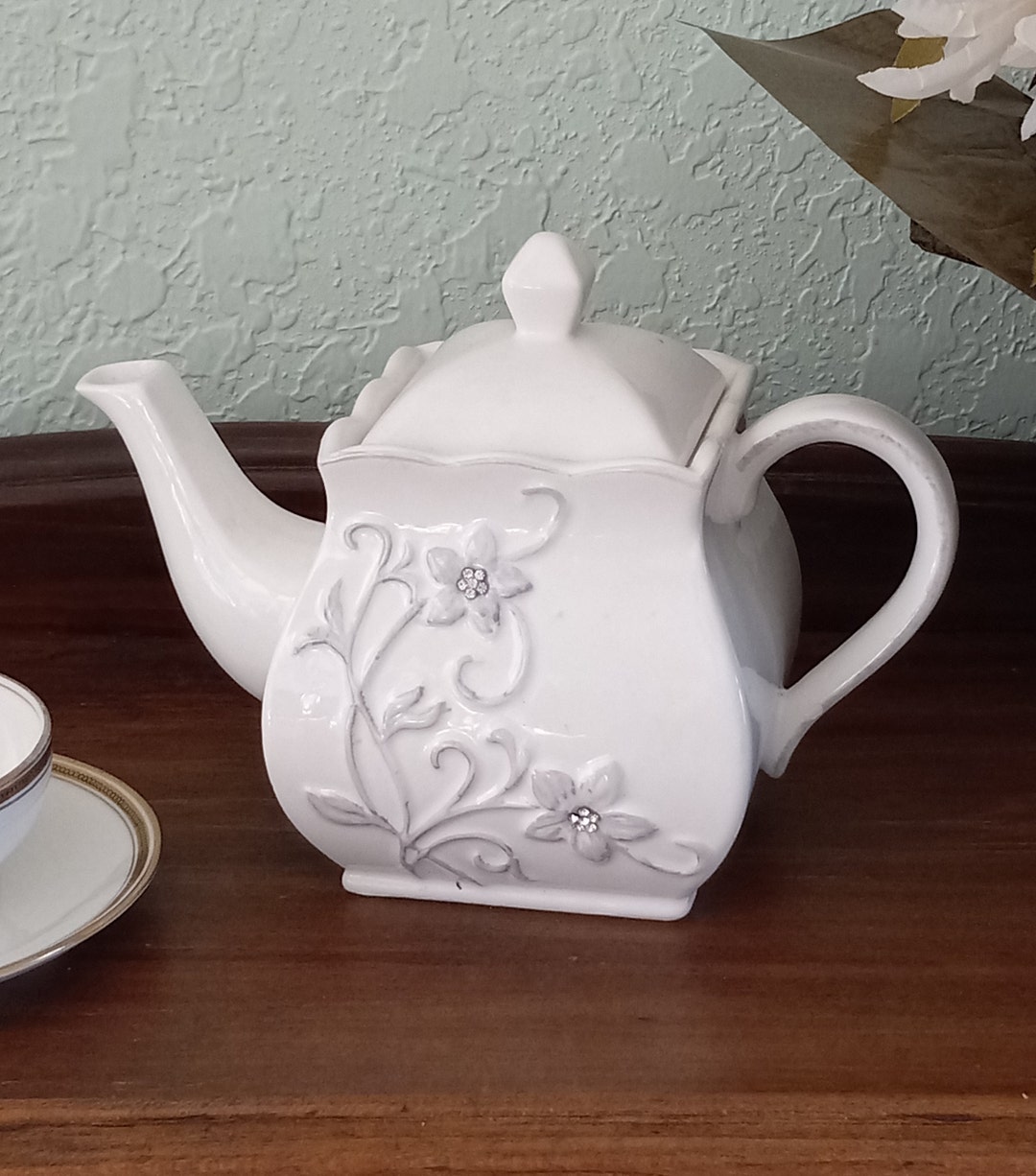White Embossed Teapot With Rhinestones, Shabby Chic Rhinestone ...