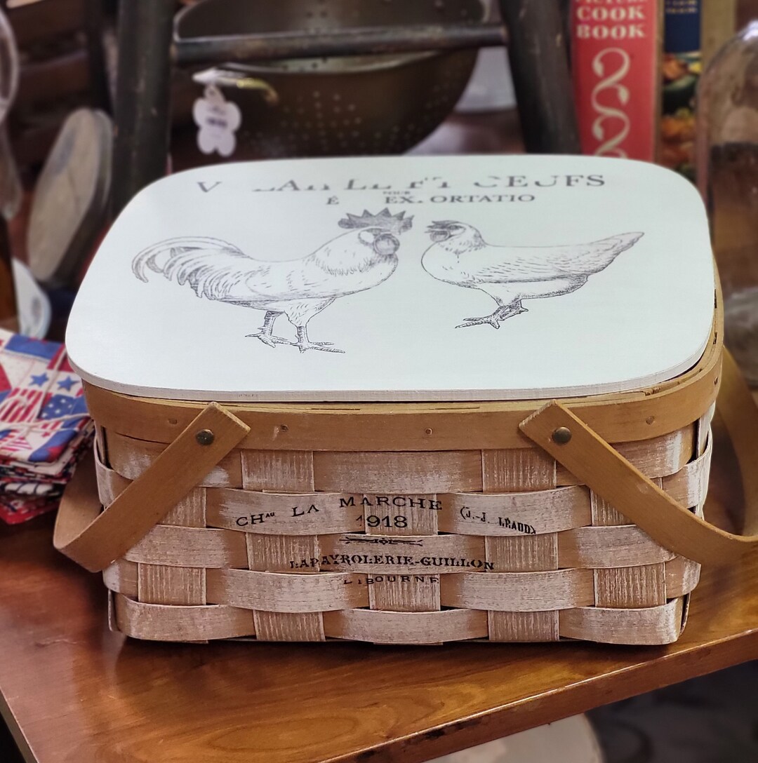 Rooster & Hen Picnic Basket, Vintage Upcycled Basket, Farmhouse Decor ...