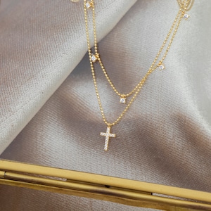 Double Chain Cross Necklace, Ball Chain Cross Necklace With CZ, Cross ...