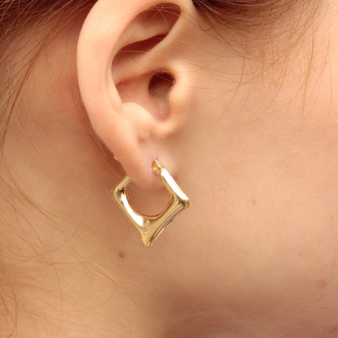14K Gold Square Hoop Earrings, Solid Gold Dainty Earrings, Geometric ...