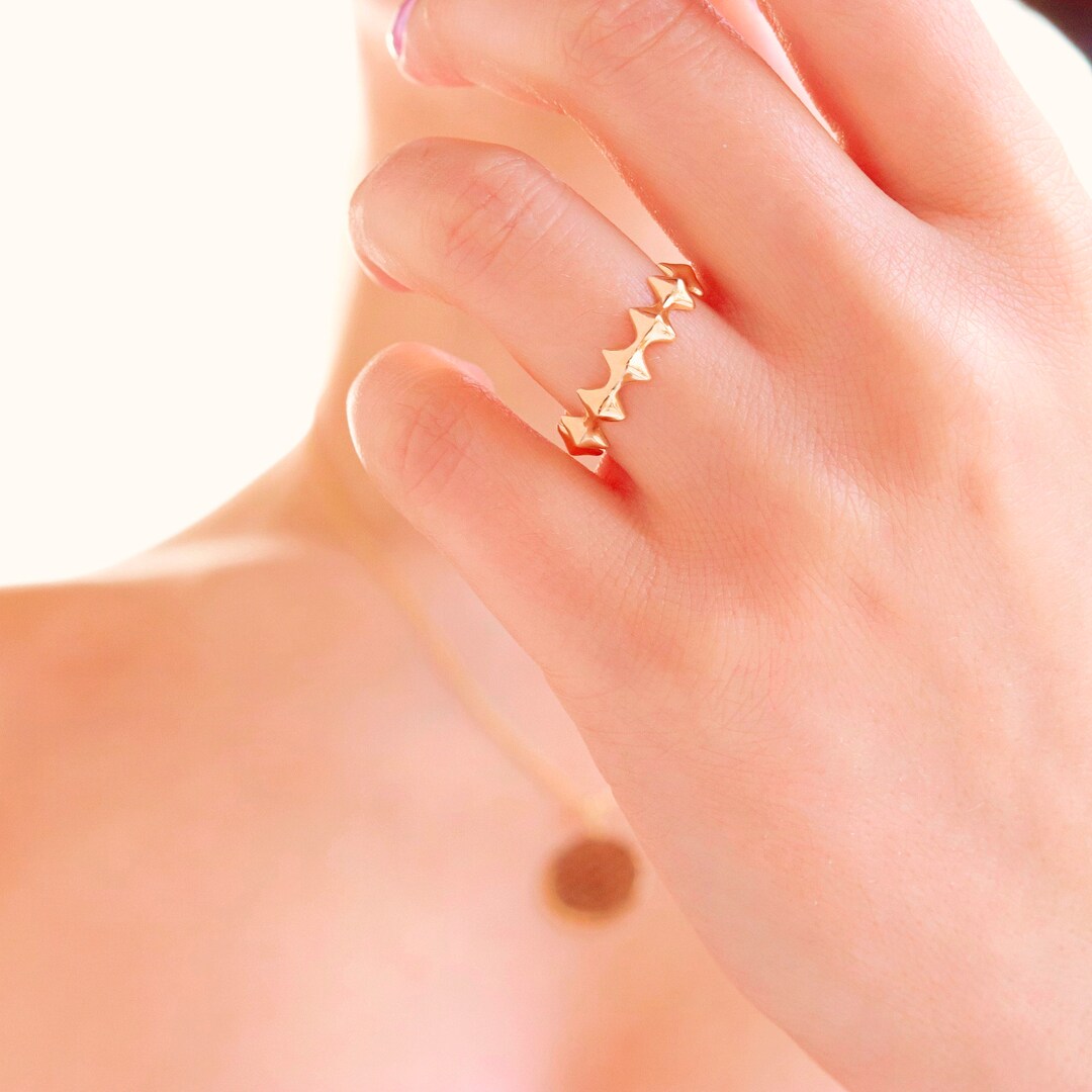 14k Solid Gold Pyramid Spike Ring - Dainty Geometric Stackable Band for Minimalist Jewelry ...