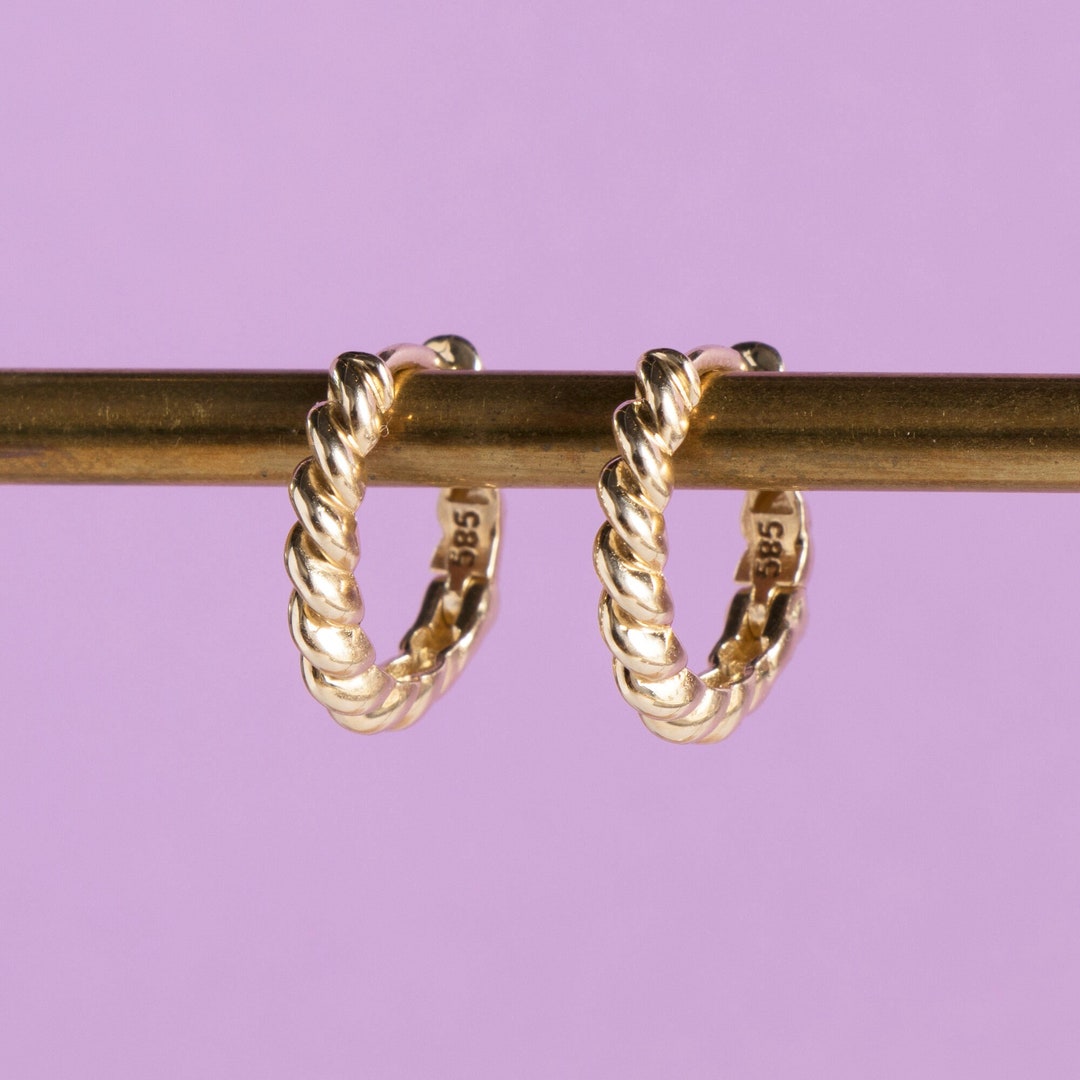 14k Dainty Gold Twisted Hoop Earrings - Elegant Braided Huggie Hoops ...