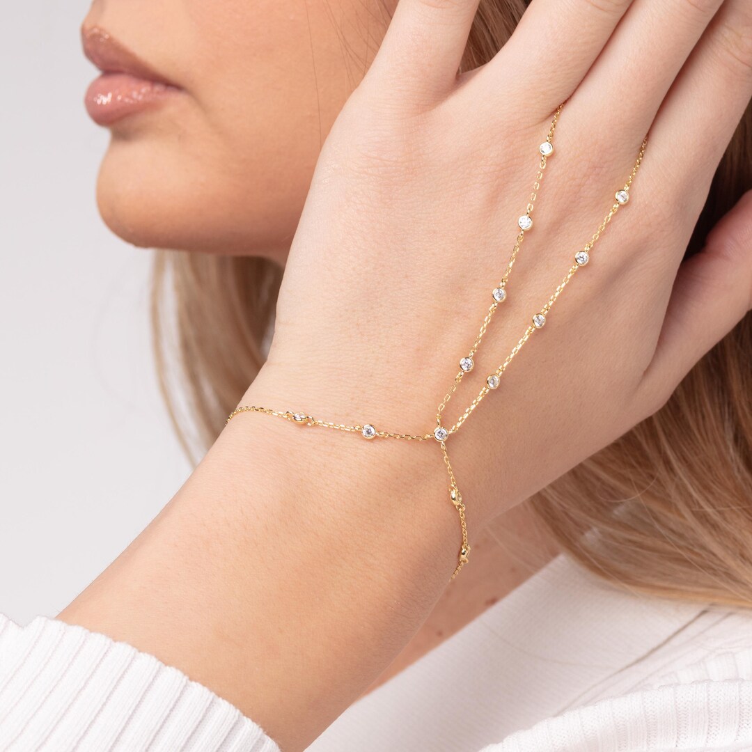 Crystal Hand Chain Bracelet – 14K Gold Vermeil Adjustable Jewelry - Etsy