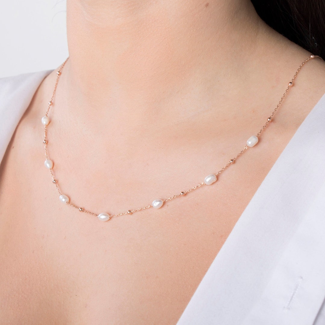 Gold Beaded Pearl Necklace Freshwater Pearl Necklace Rose Etsy