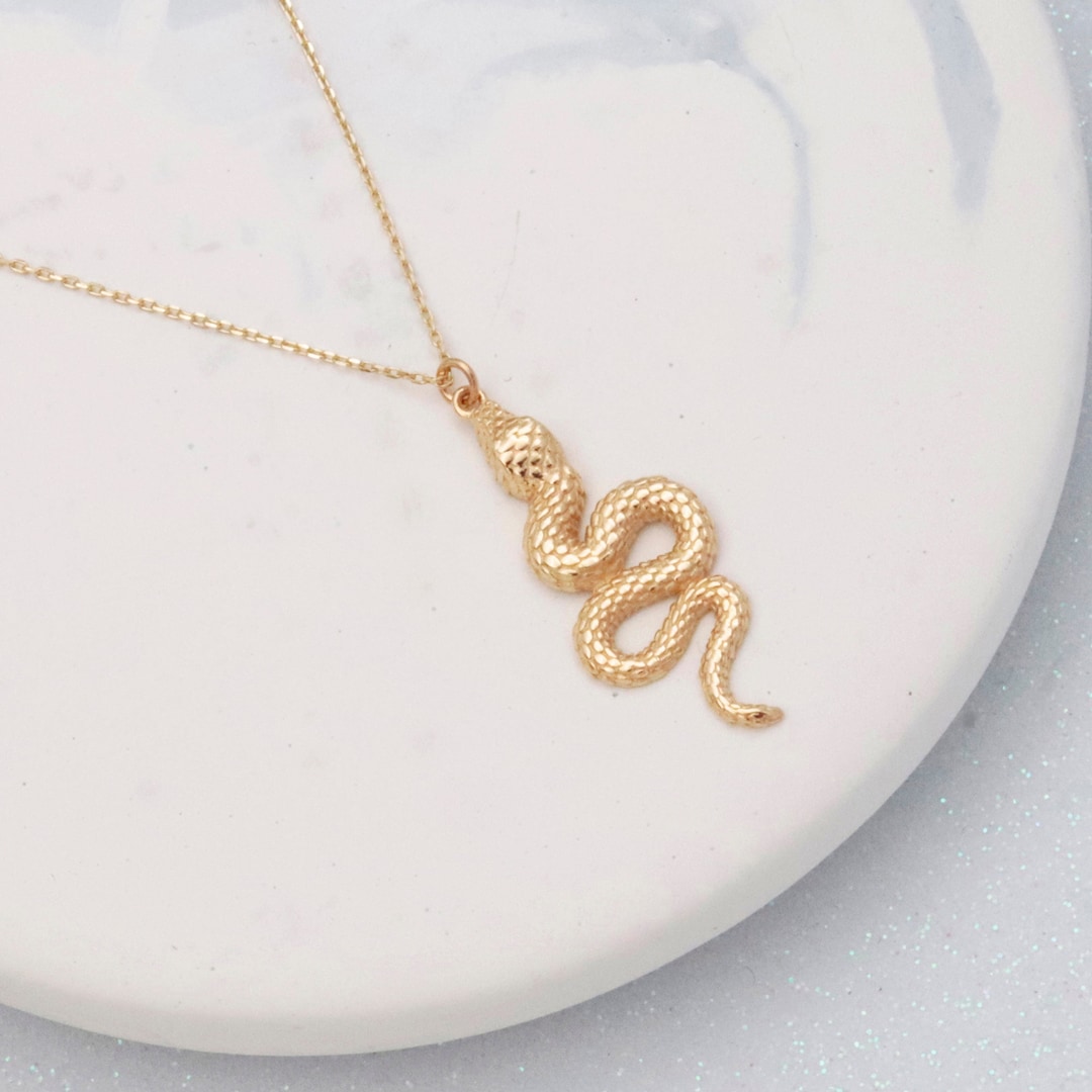 14K Gold Snake Necklace, Serpent Necklace, Large Snake Pendant, 14K ...