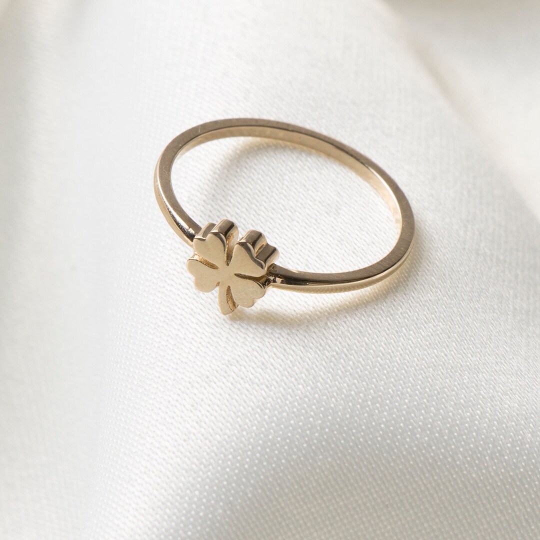 Elegant 14k Solid Gold Clover Flower Ring - Dainty Minimalist Stacking ...