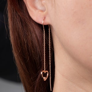 Dainty Threader Earrings, Dangle Heart Earrings, Gold Chain Earrings ...