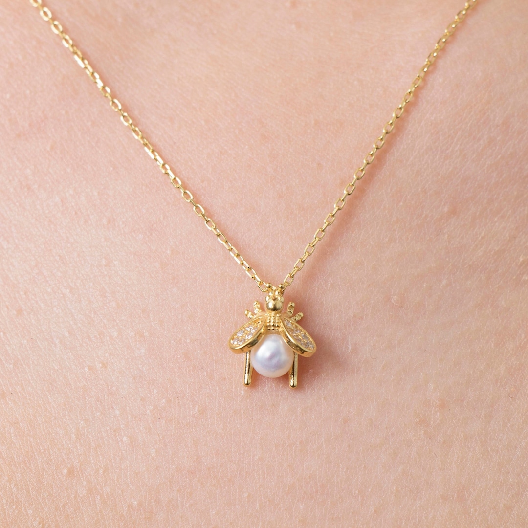Elegant Bee & Pearl Pendant: Dainty Gold-filled Charm Necklace ...