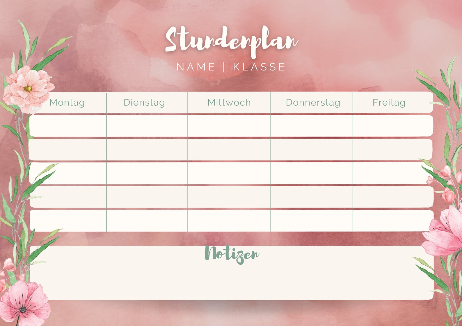 Timetable Rose Pink Watercolor Flowers Green Insert Name - Etsy