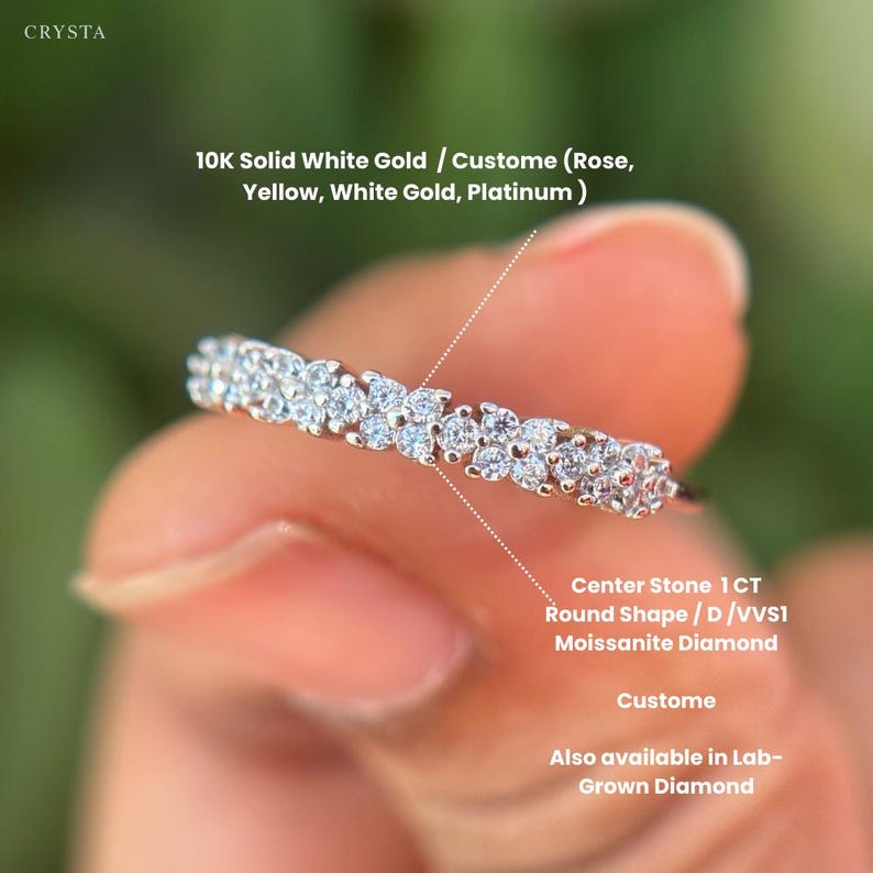 Round Diamond Wedding Band 14K Gold, Dainty Pave Diamond Ring, Eternity ...