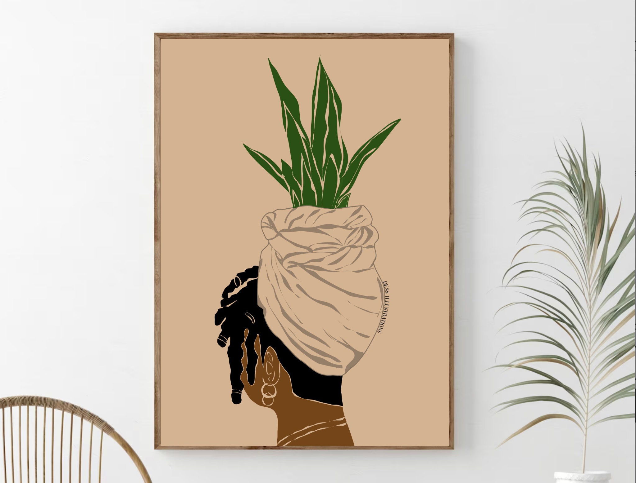 Black Woman Locs Art Print, Afro Illustration, Plant Headwrap (digital ...