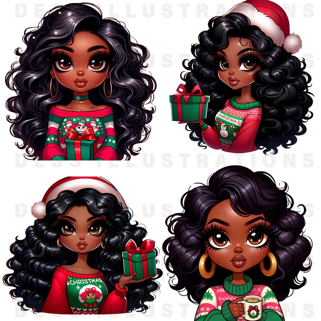 4 Black Girl Christmas Theme PNG Clipart, Digital Download, Melanin ...